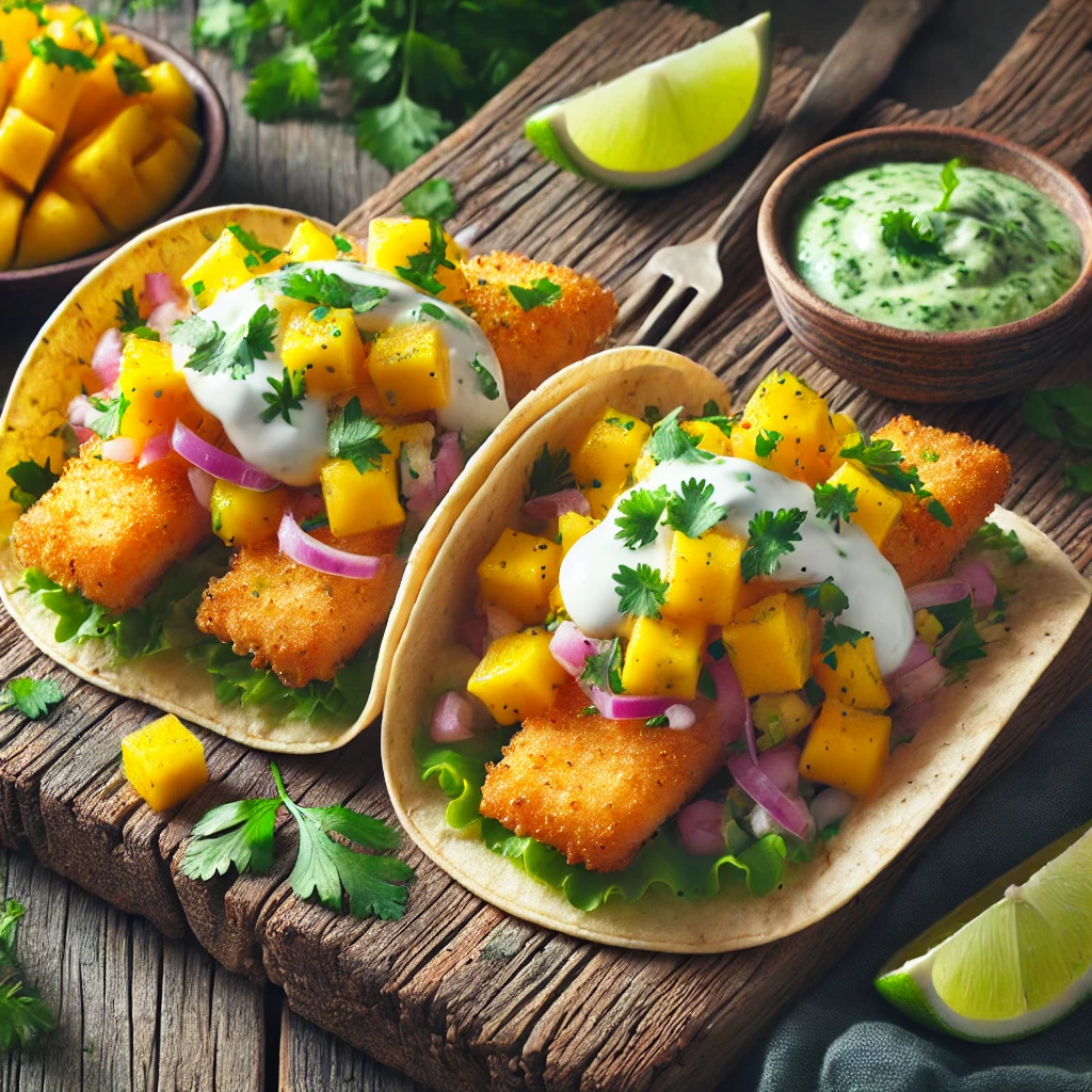 Fisketacos med mangosalsa og koriandercreme Opskriften.nu